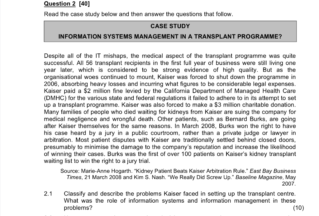 Solved Question 2 [40] Read the case study below and then | Chegg.com