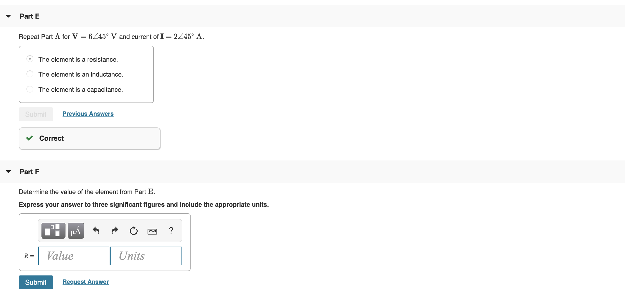 Solved Part A A certain element has a phasor voltage of V = | Chegg.com