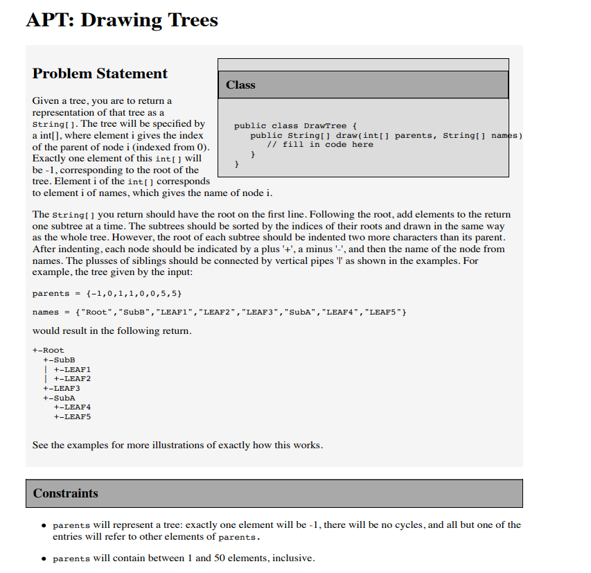 APT: Drawing Trees Problem Statement Class Given a | Chegg.com