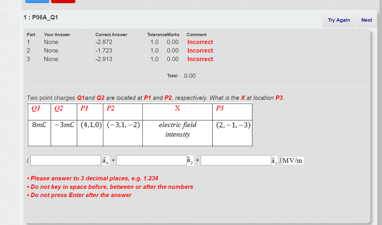 Solved 1:P06A_Q1 Total: 0.00 Two point charges Q1 and Q2 are | Chegg.com