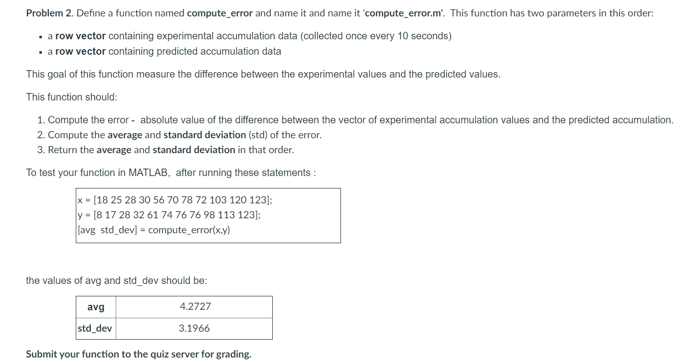 Solved compute_error(x,y) 1 function (avg std_dev] = 2 S=[]; | Chegg.com