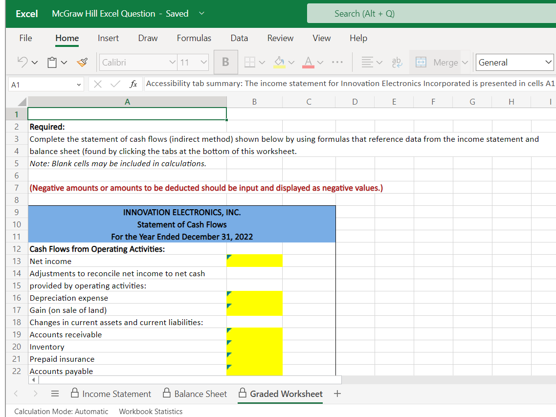 Solved Complete the statement of cash flows (indirect | Chegg.com