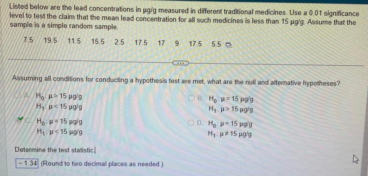 Solved Listed below are the lead concentrations in μg/g | Chegg.com