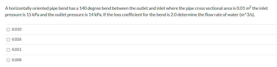 Solved A horizontally oriented pipe bend has a 140 degree | Chegg.com