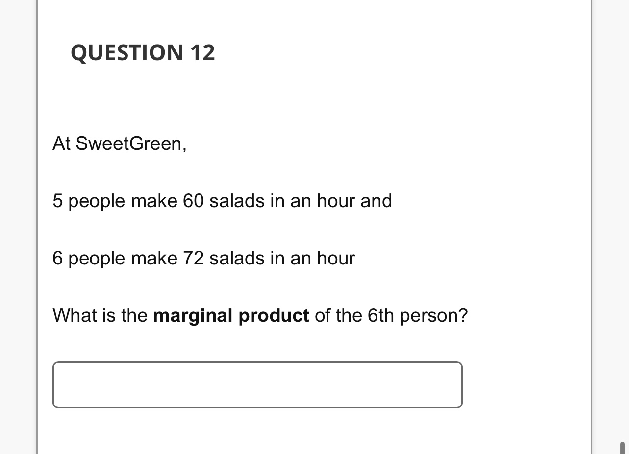 Solved QUESTION 12At SweetGreen,5 ﻿people make 60 ﻿salads in | Chegg.com
