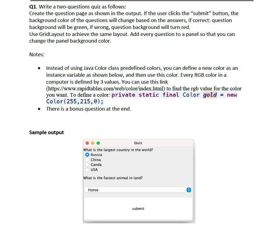 Solved Q1. Write a two-questions quiz as follows: Create the | Chegg.com