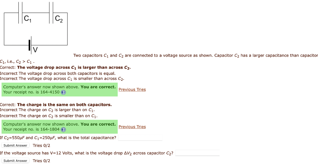 Solved C2 Two capacitors C and C2 are connected to a voltage | Chegg.com