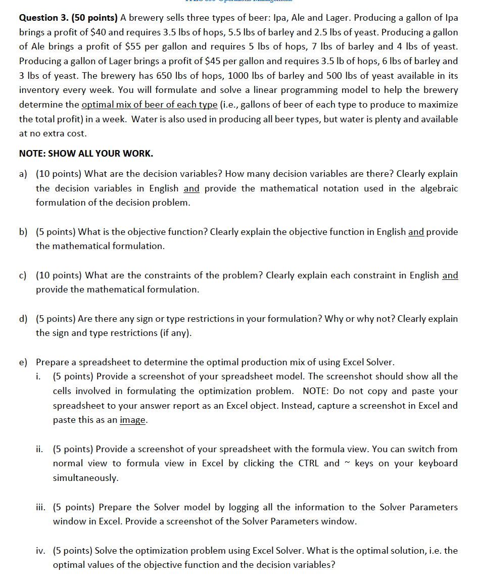 Solved Question 3. (50 points) A brewery sells three types | Chegg.com