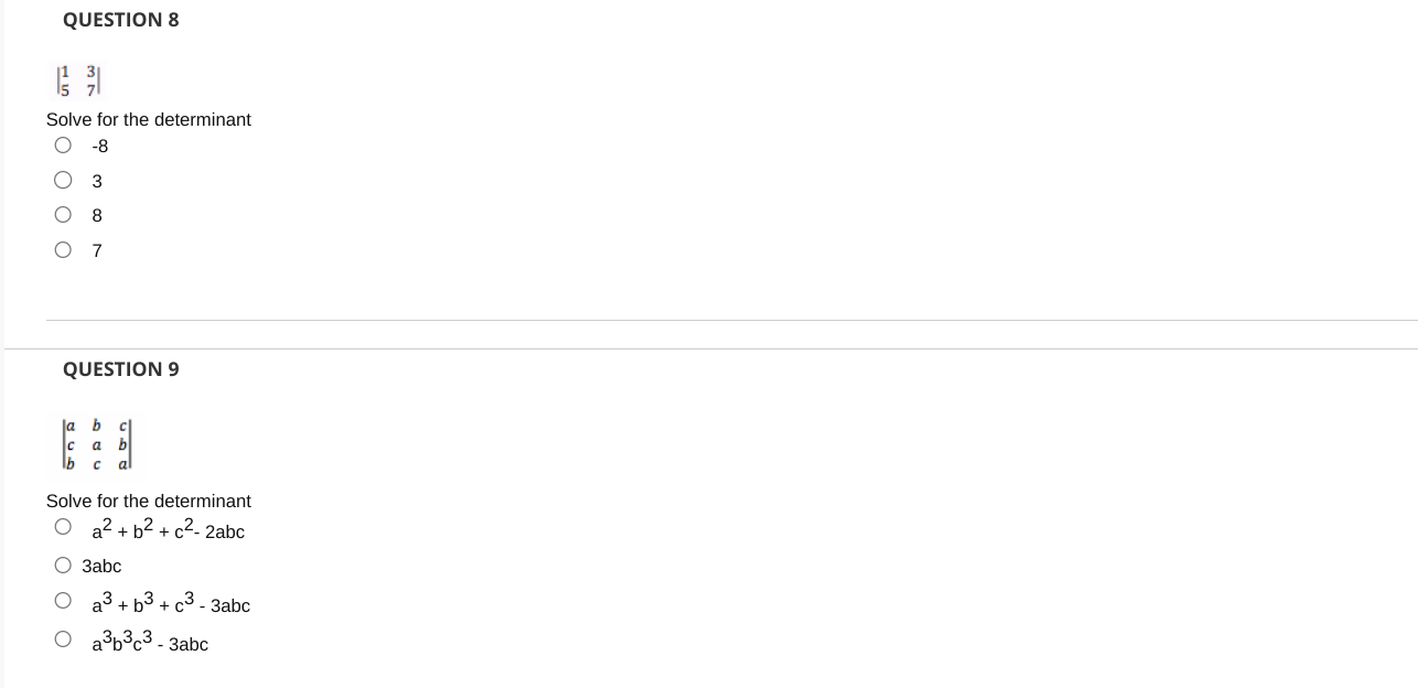 Solved ∣∣1537∣∣ Solve for the determinant −8 3 8 7 QUESTION | Chegg.com