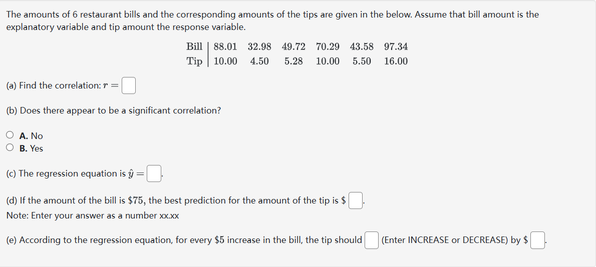 Solved The amounts of 6 ﻿restaurant bills and the | Chegg.com