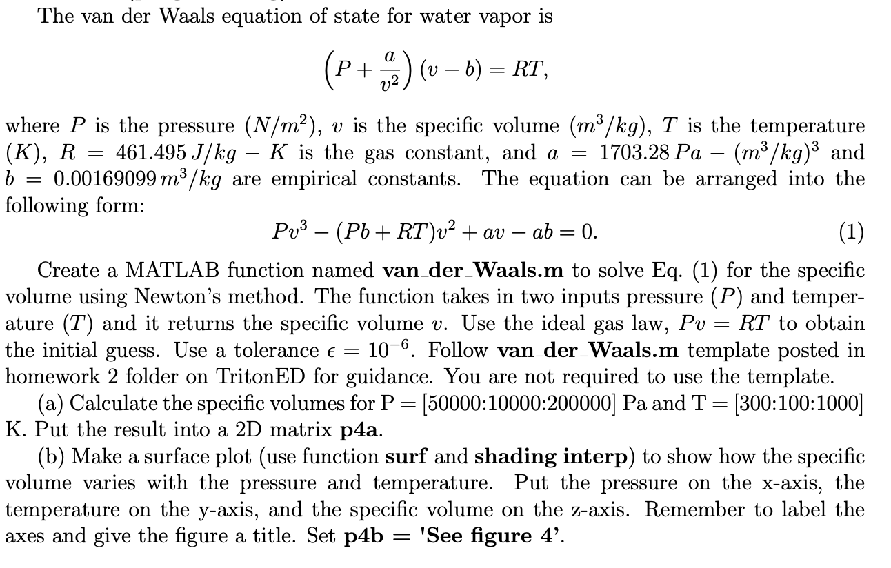 The van der Waals equation of state for water vapor | Chegg.com