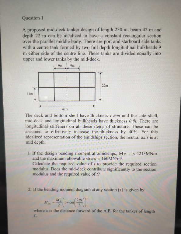 Question 1 A proposed mid-deck tanker design of | Chegg.com