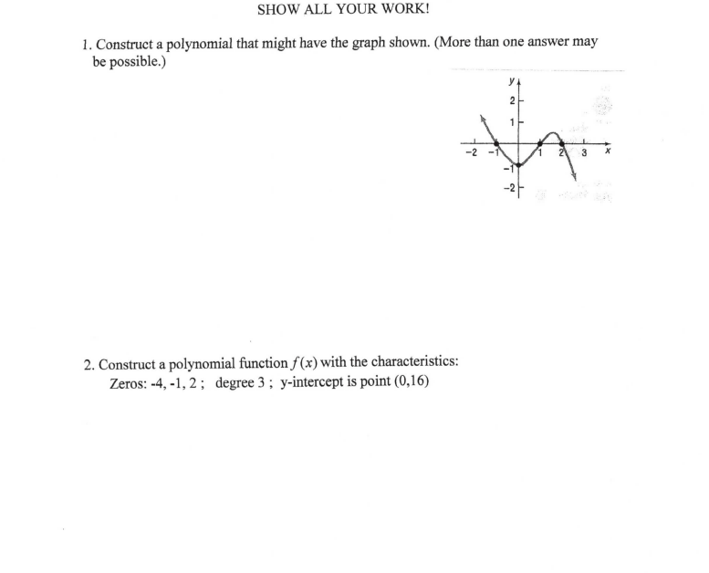 Solved SHOW ALL YOUR WORK! 1. Construct a polynomial that | Chegg.com