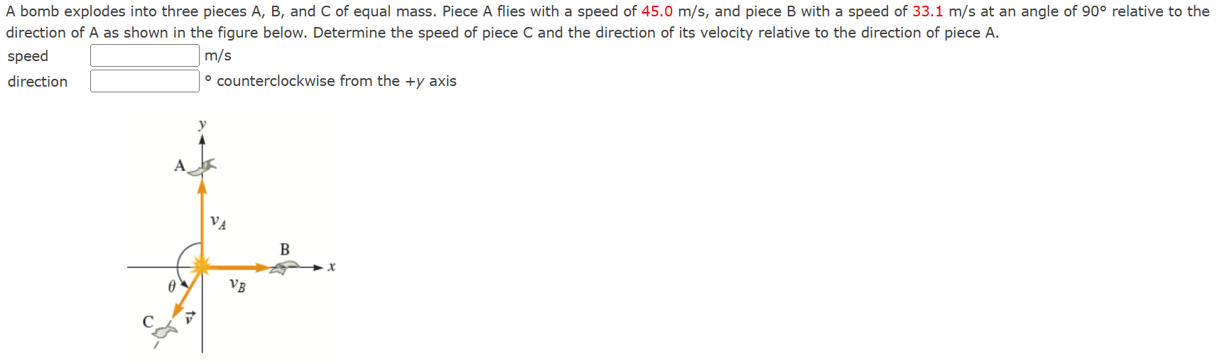 Solved A bomb explodes into three pieces A,B, and C of equal | Chegg.com