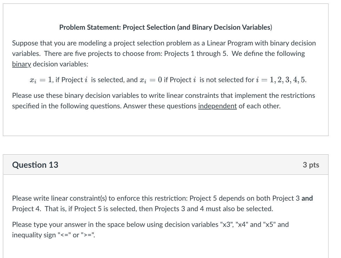 Solved Problem Statement: Project Selection (and Binary | Chegg.com
