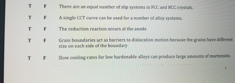 Solved F There are an equal number of slip systems in FCC | Chegg.com