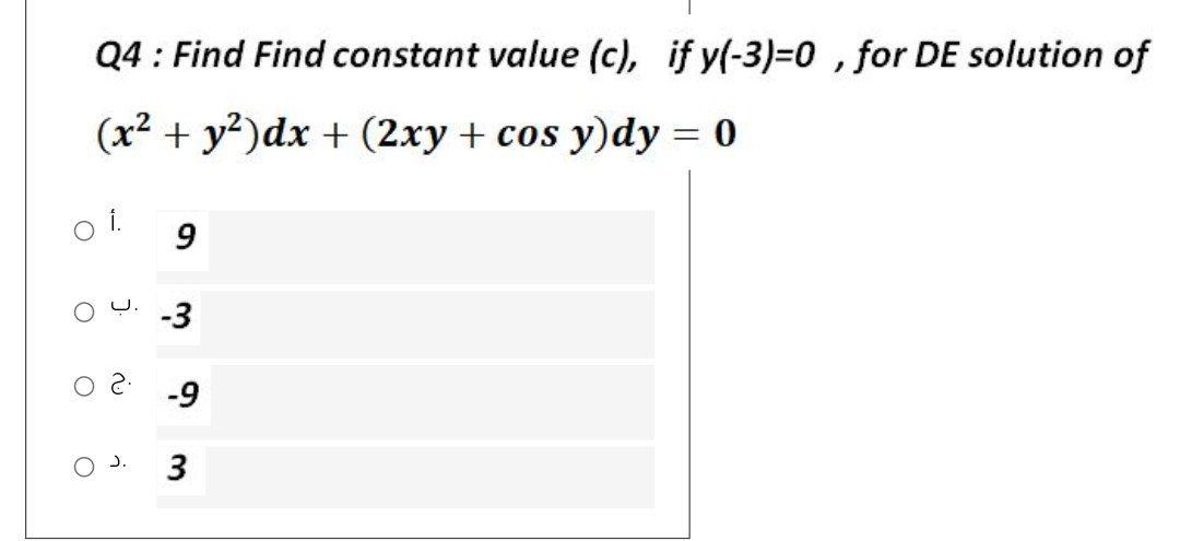 Solved Q4: Find Find constant value (c), if y(-3)=0 for DE | Chegg.com