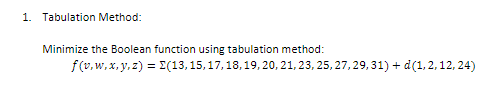 Solved 1. Tabulation Method: Minimize the Boolean function | Chegg.com