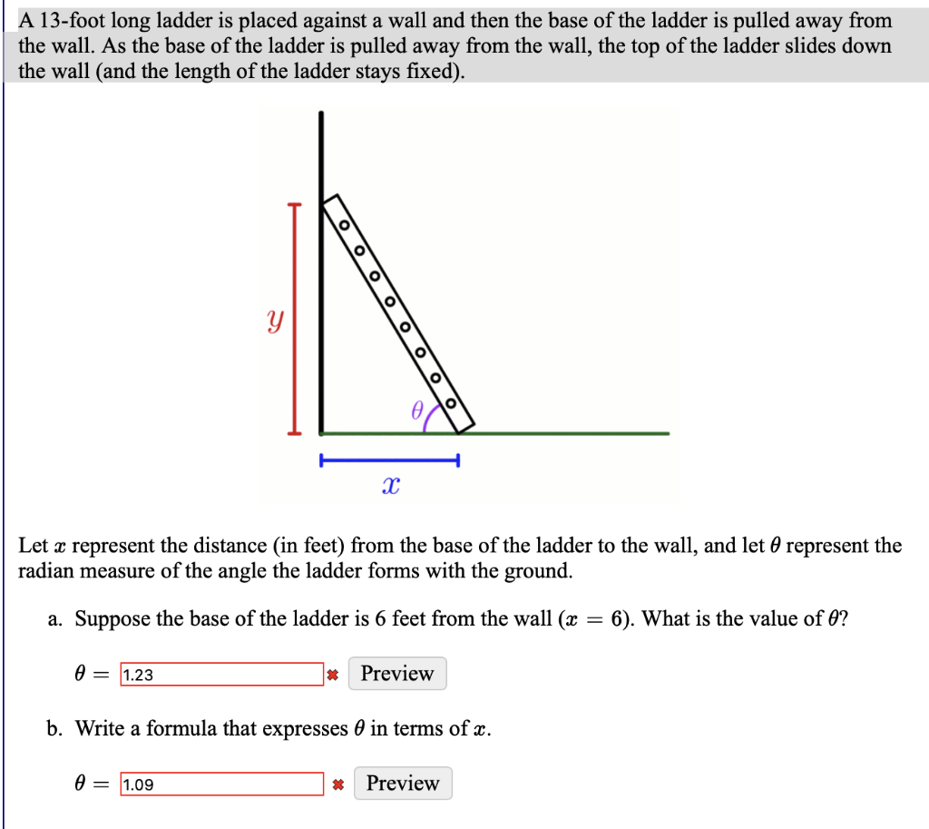 Solved A 13-foot long ladder is placed against a wall and | Chegg.com