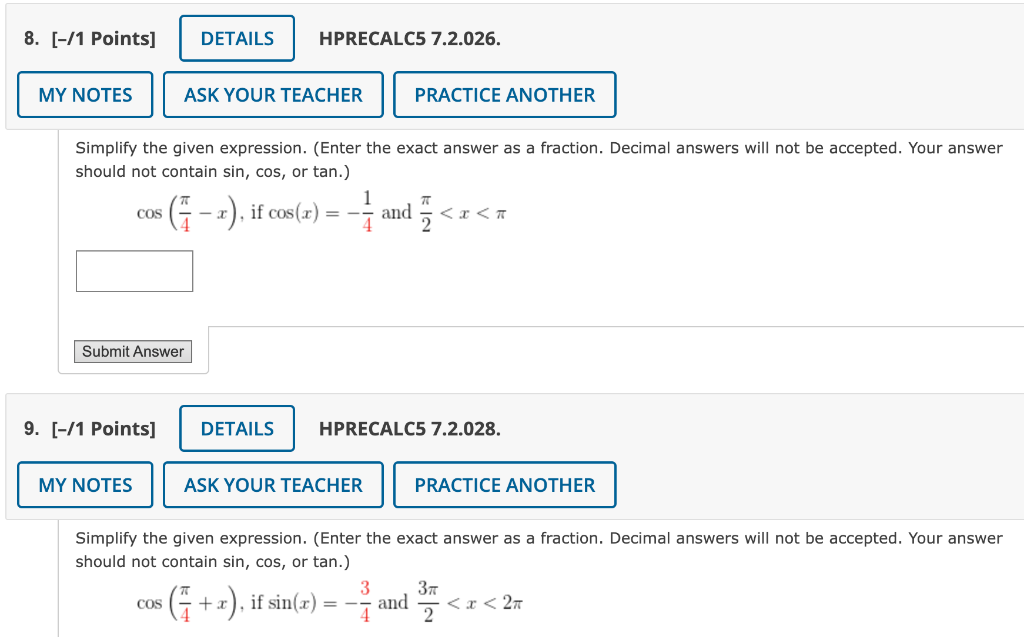 Solved 8. [-/1 Points] DETAILS HPRECALC5 7.2.026. MY NOTES | Chegg.com