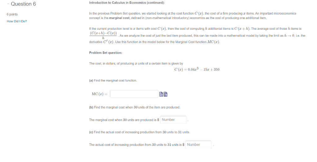 Solved Question 6 Introduction to Calculus in Economics | Chegg.com