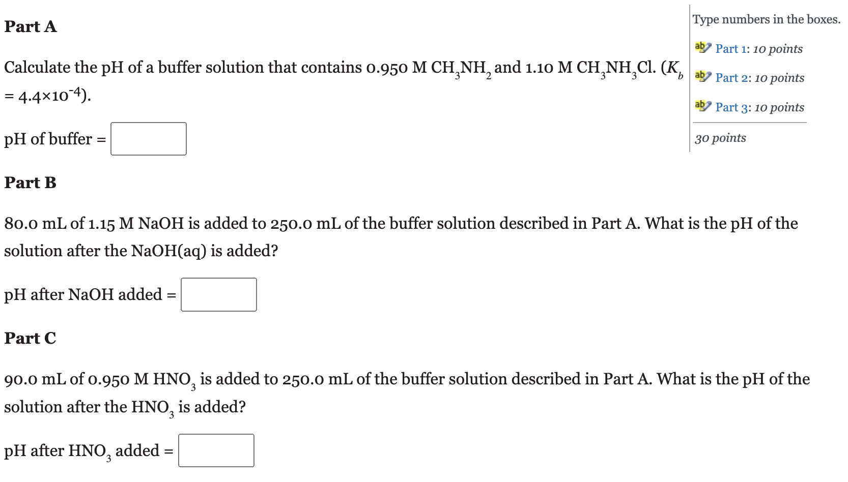 Solved Part A Type numbers in the boxes. Calculate the pH of | Chegg.com