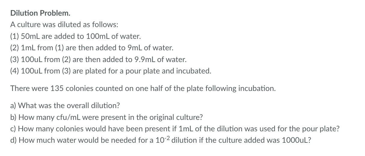Solved Dilution Problem. A culture was diluted as follows: | Chegg.com