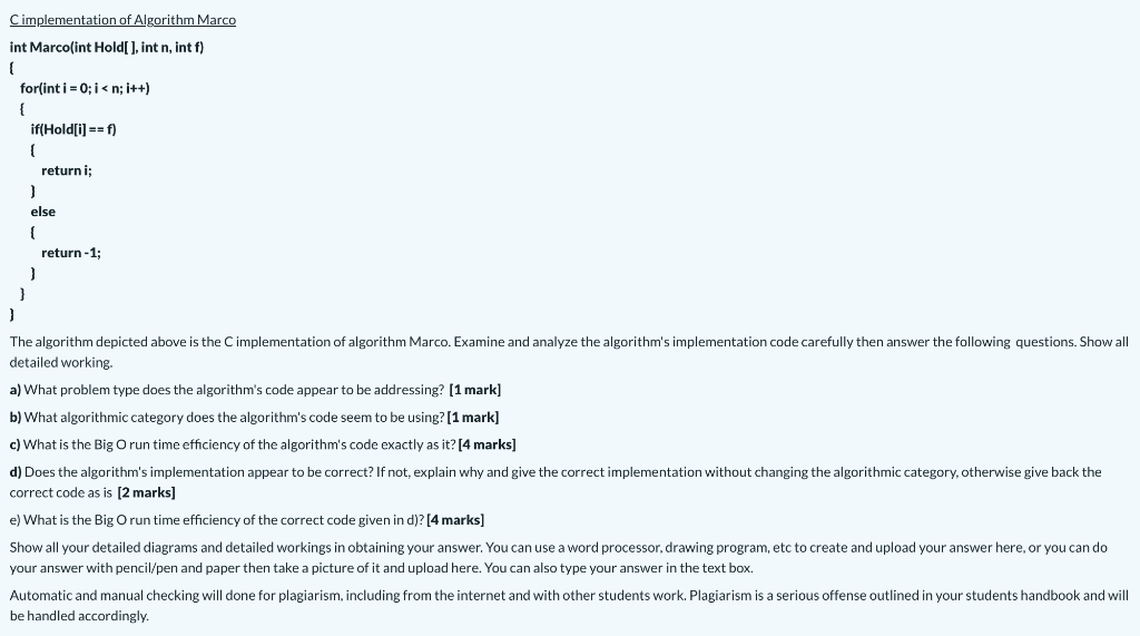 Solved C implementation of Algorithm Marco int Marco(int | Chegg.com