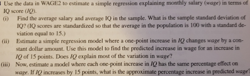 Use the data in WAGE2 to estimate a simple regression | Chegg.com