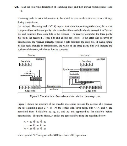 Solved Q4. Read the following description of Hamming code, | Chegg.com