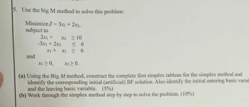 Solved 5. Use the big M method to solve this problem: | Chegg.com