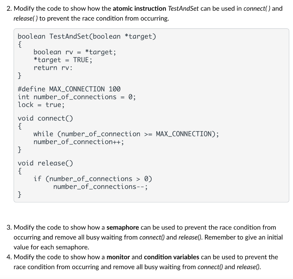 2. Modify the code to show how the atomic instruction | Chegg.com