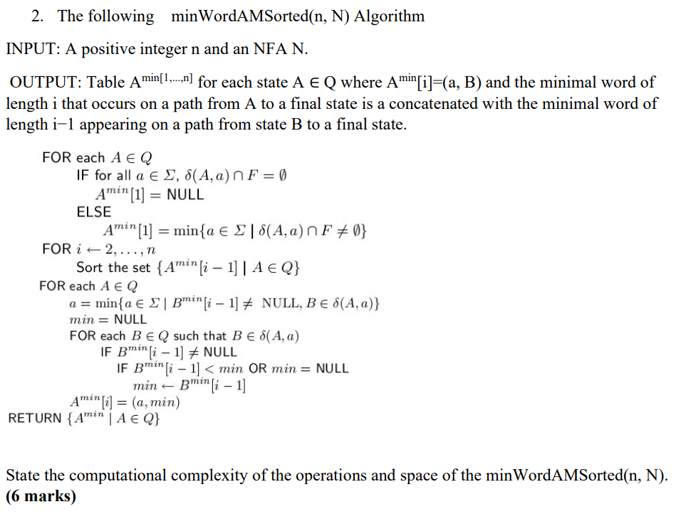 Solved 2. The following minWordAMSorted(n, N) Algorithm | Chegg.com
