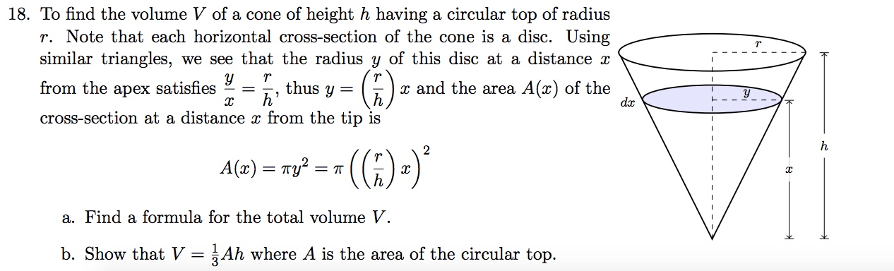 Solved T 18. To find the volume V of a cone of height h | Chegg.com