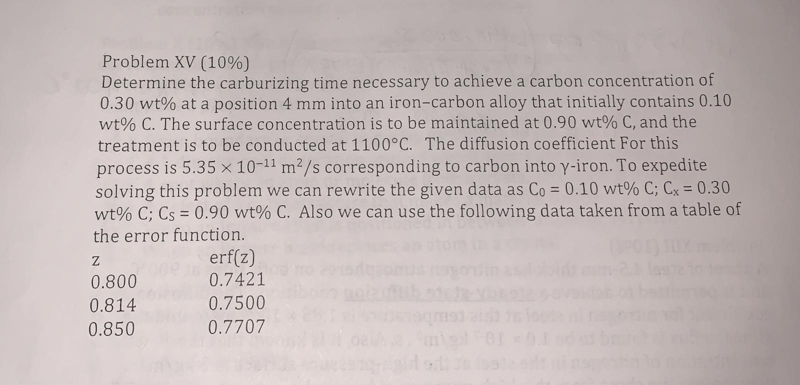 Solved Problem XV (10%) Determine the carburizing time | Chegg.com