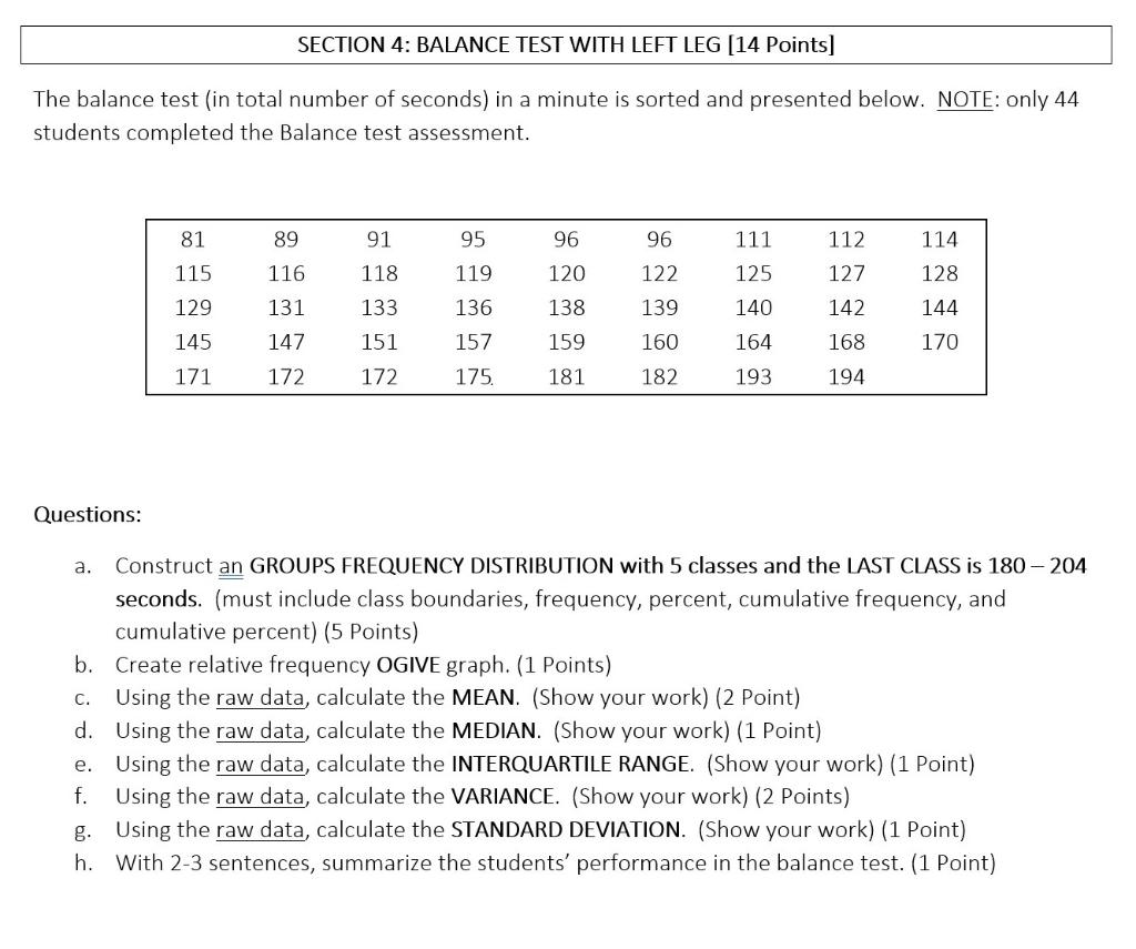Solved SECTION 4: BALANCE TEST WITH LEFT LEG (14 Points] The | Chegg.com