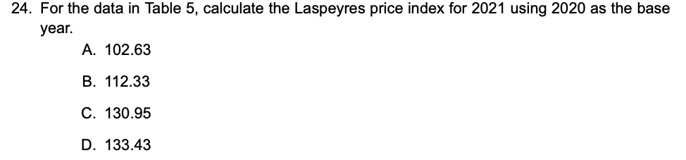 Solved 24. For the data in Table 5, calculate the Laspeyres | Chegg.com