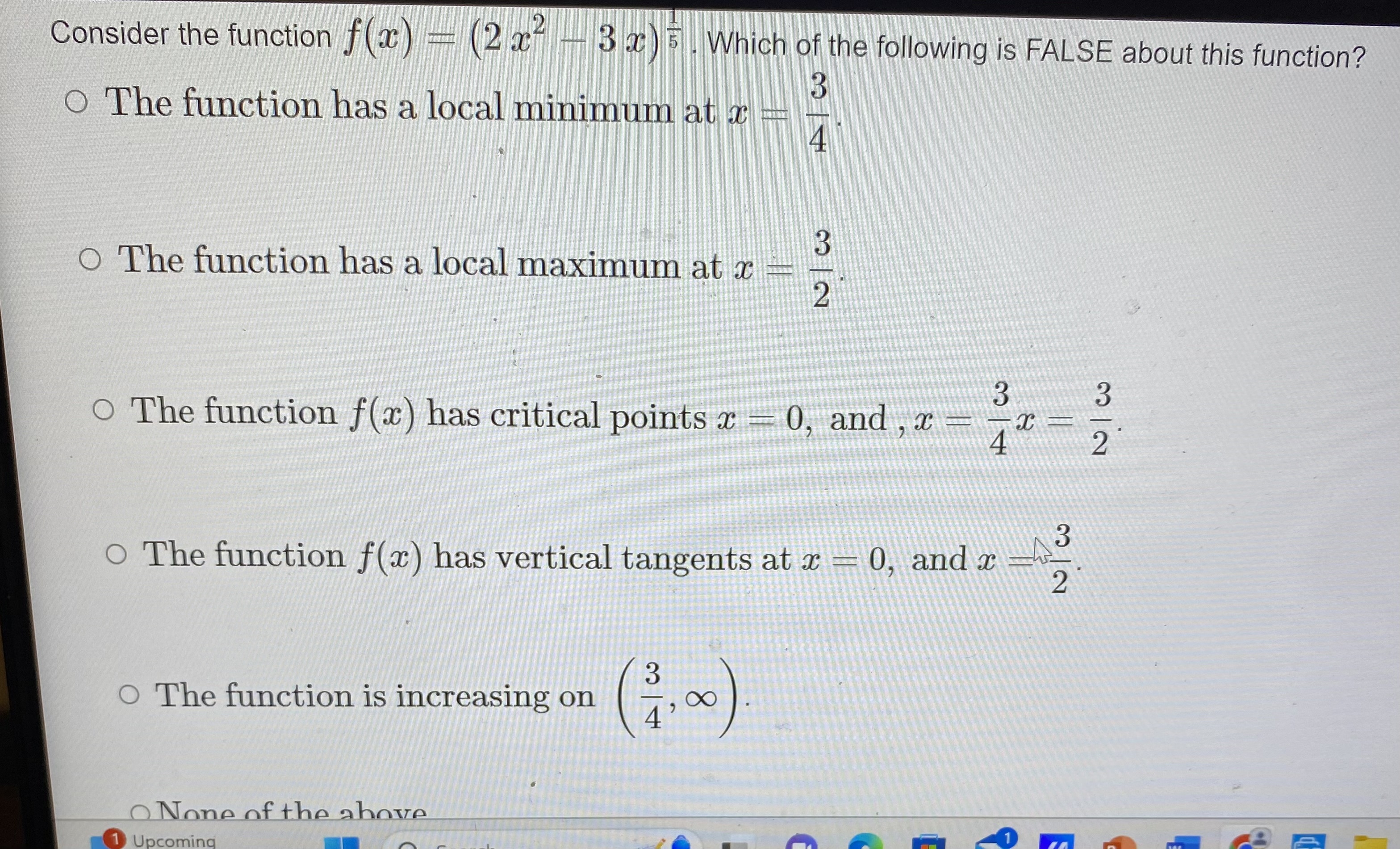 Solved Consider the function f(x)=(2x2−3x)51. Which of the | Chegg.com