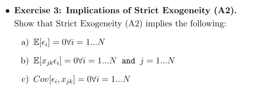 Solved • Exercise 3: Implications of Strict Exogeneity (A2). | Chegg.com