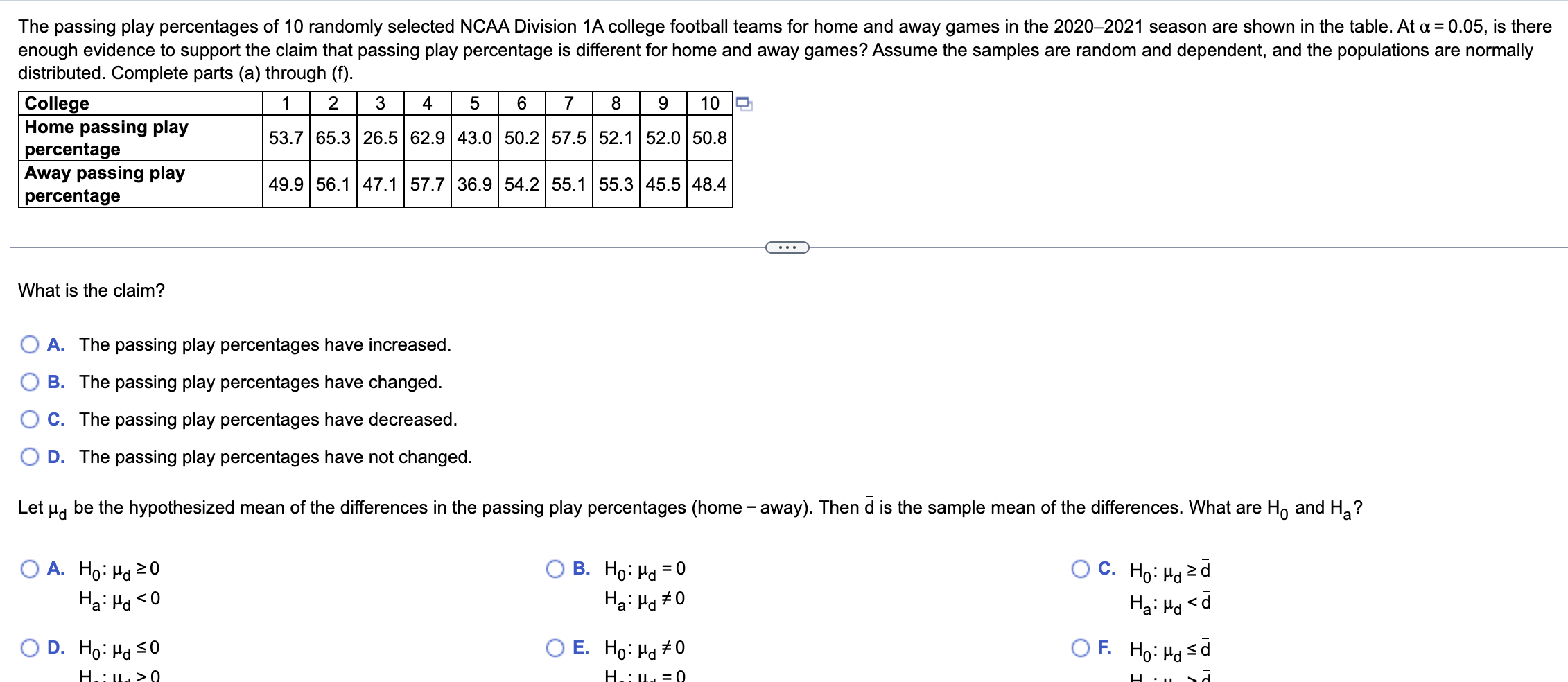 Solved The passing play percentages of 10 randomly selected | Chegg.com