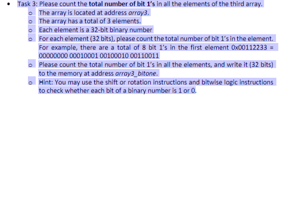 Task 3: Please count the total number of bit 1's in | Chegg.com