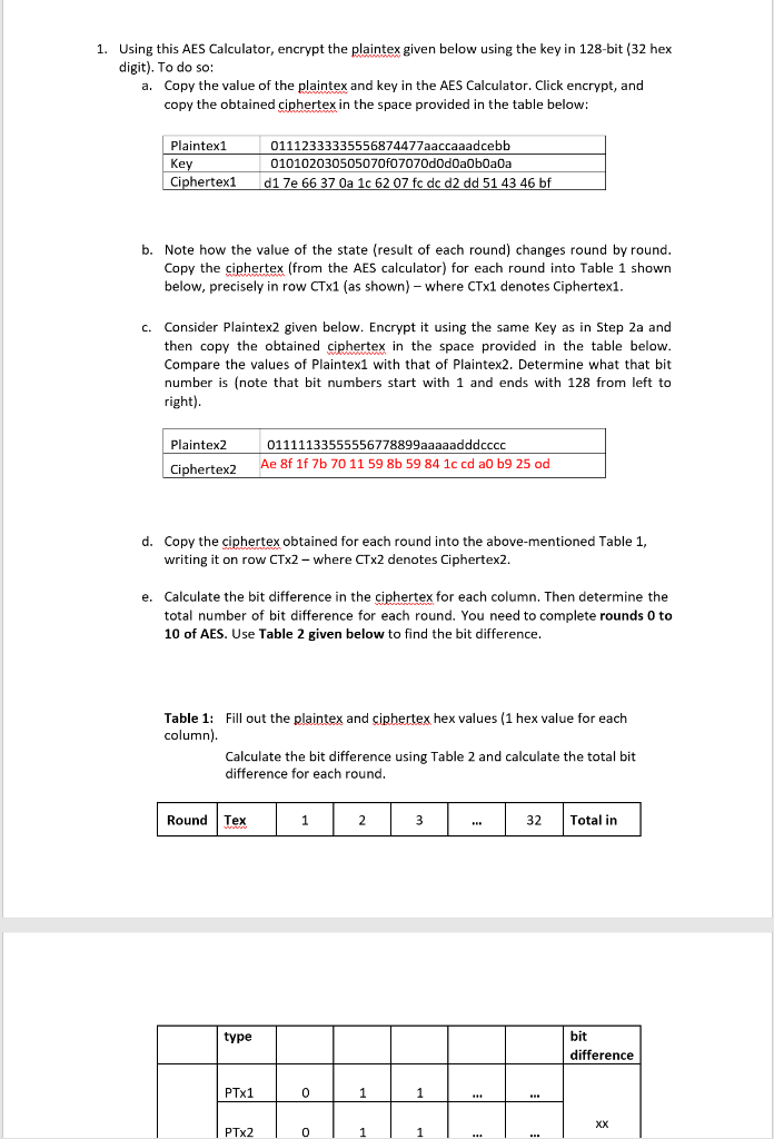 1. Using this AES Calculator, encrypt the plaintex | Chegg.com