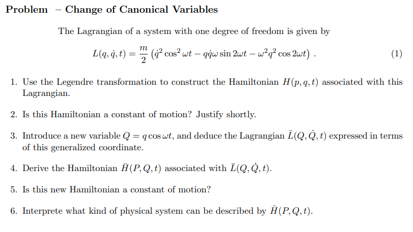 Solved Problem - ﻿Change of Canonical VariablesThe | Chegg.com