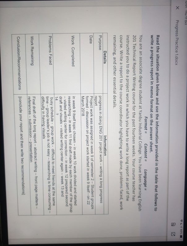 Solved 12- Thu 17 Oct 94 65% X Progress Practice 1.docx Read | Chegg.com