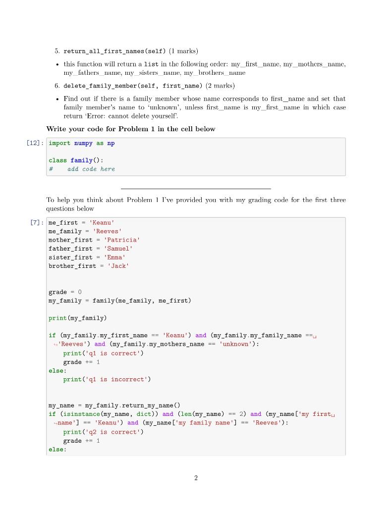 Solved Problem 1 - (6 marks) Create a Python class family, | Chegg.com