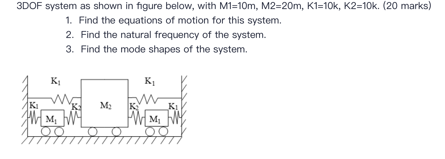 Solved 3DOF system as shown in figure below, with M1=10m, | Chegg.com