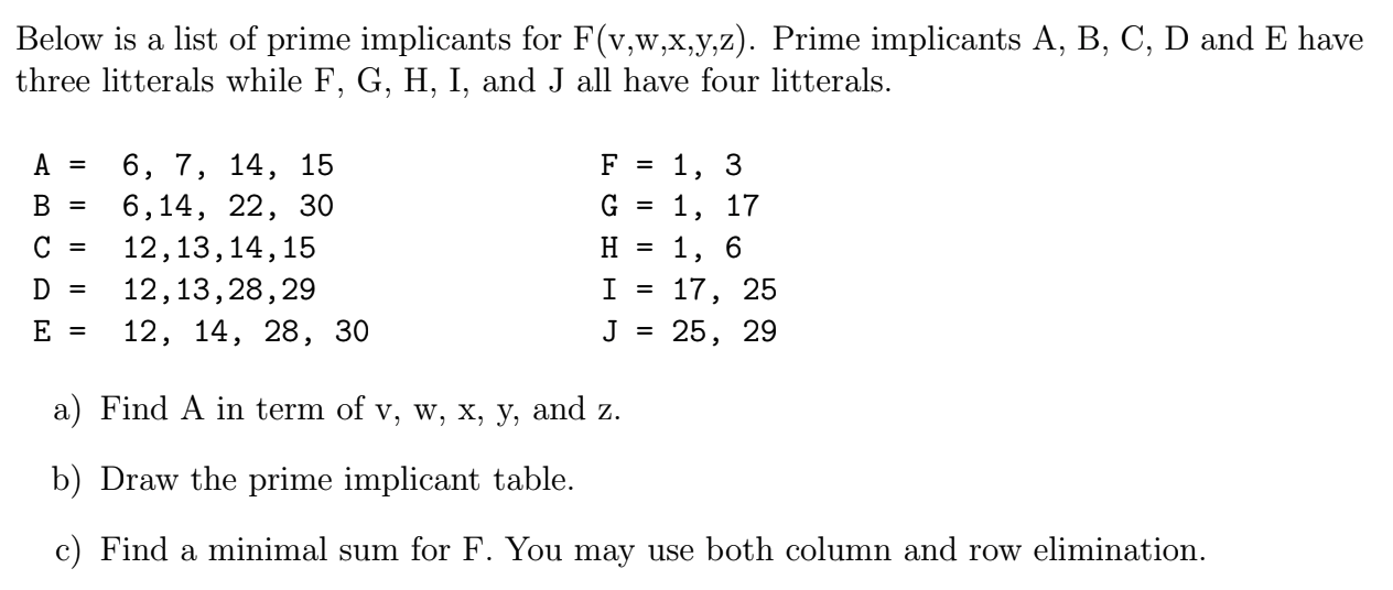 Solved Below is a list of prime implicants for F(v,w,x,y,z). | Chegg.com