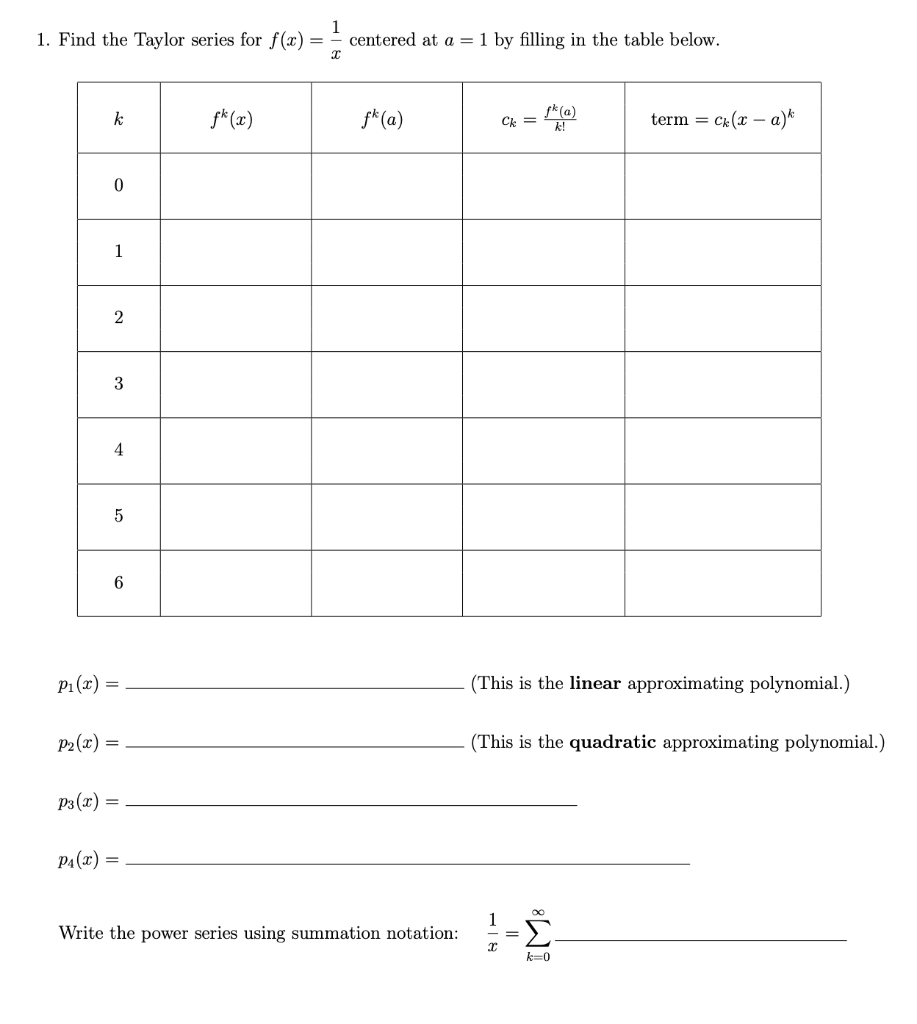 Solved 1. Find the Taylor series for f(x)=x1 centered at a=1 | Chegg.com