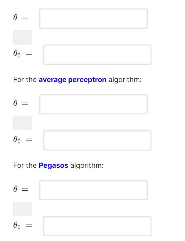 Solved θ0= For the average perceptron algorithm: θ= θ0= For | Chegg.com