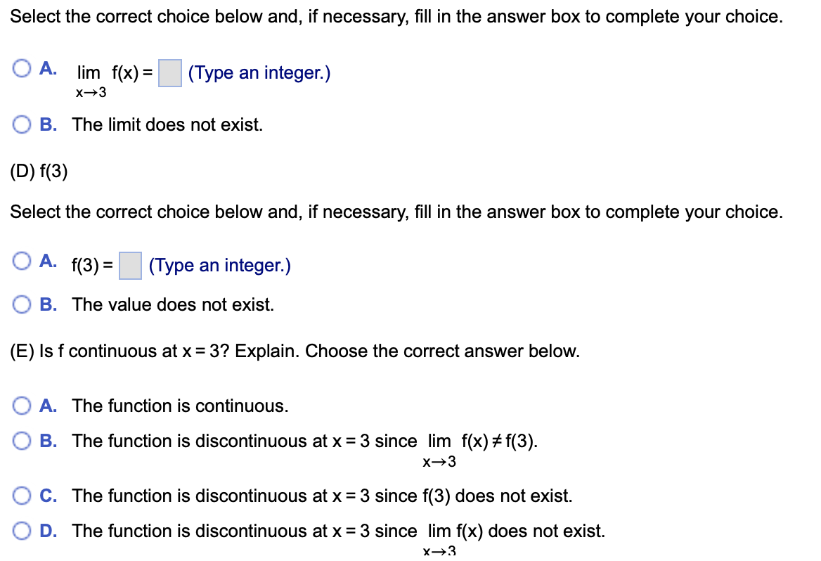 Solved (A) limx→3−f(x) Select the correct choice below and, | Chegg.com